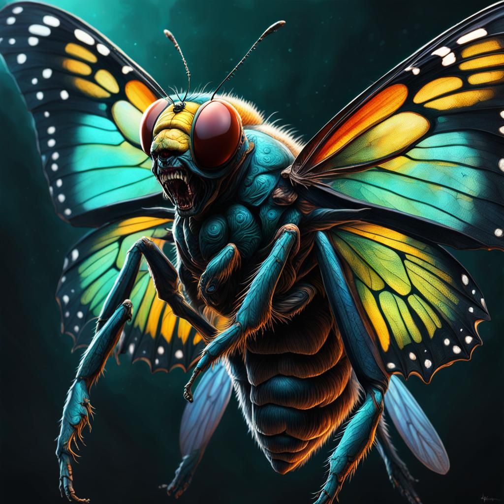 A human fly,the fly,butterfly wings,creepy,scary,fly with a human face ...
