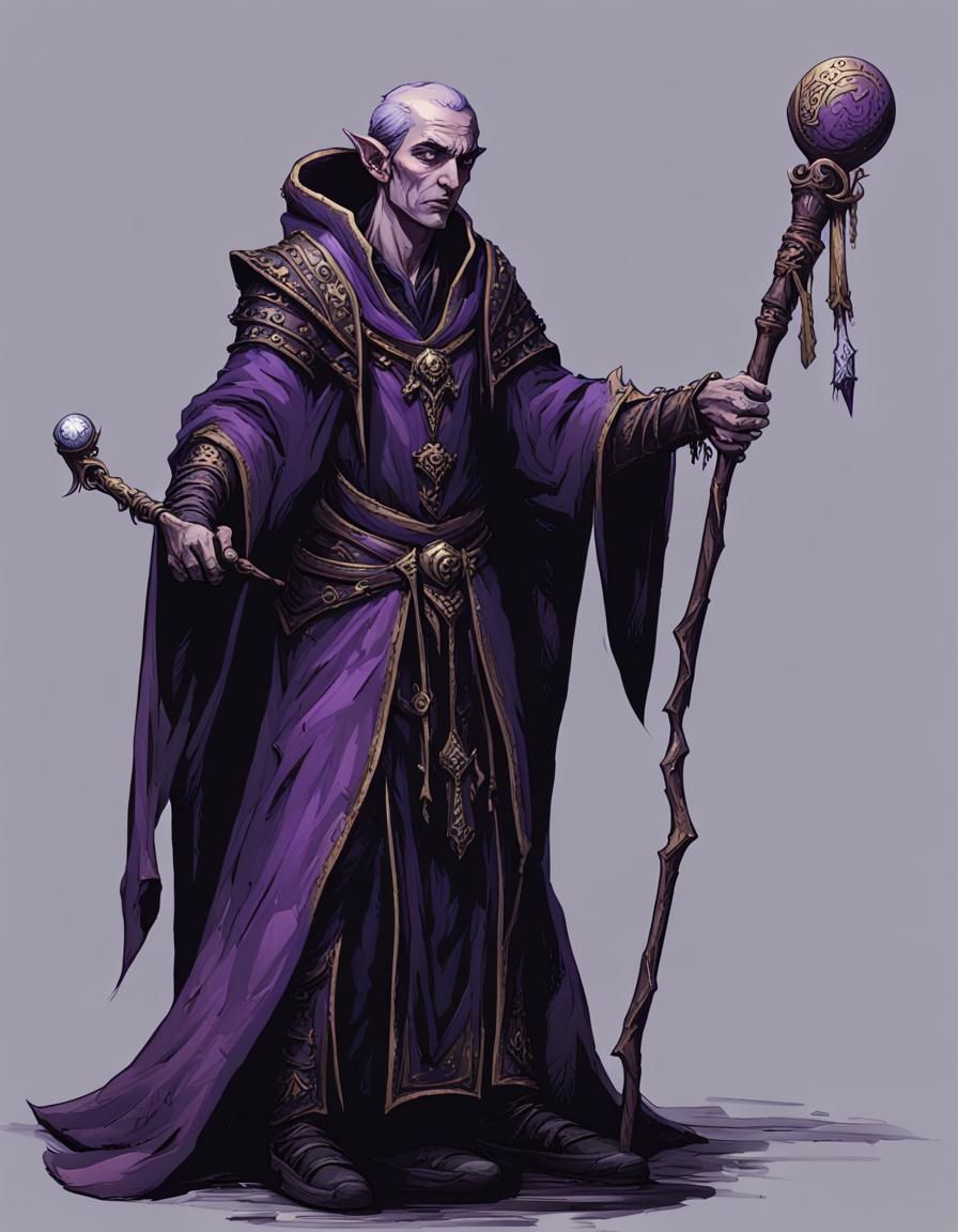 A short high elf necromancer in Purple and black robes with his staff ...