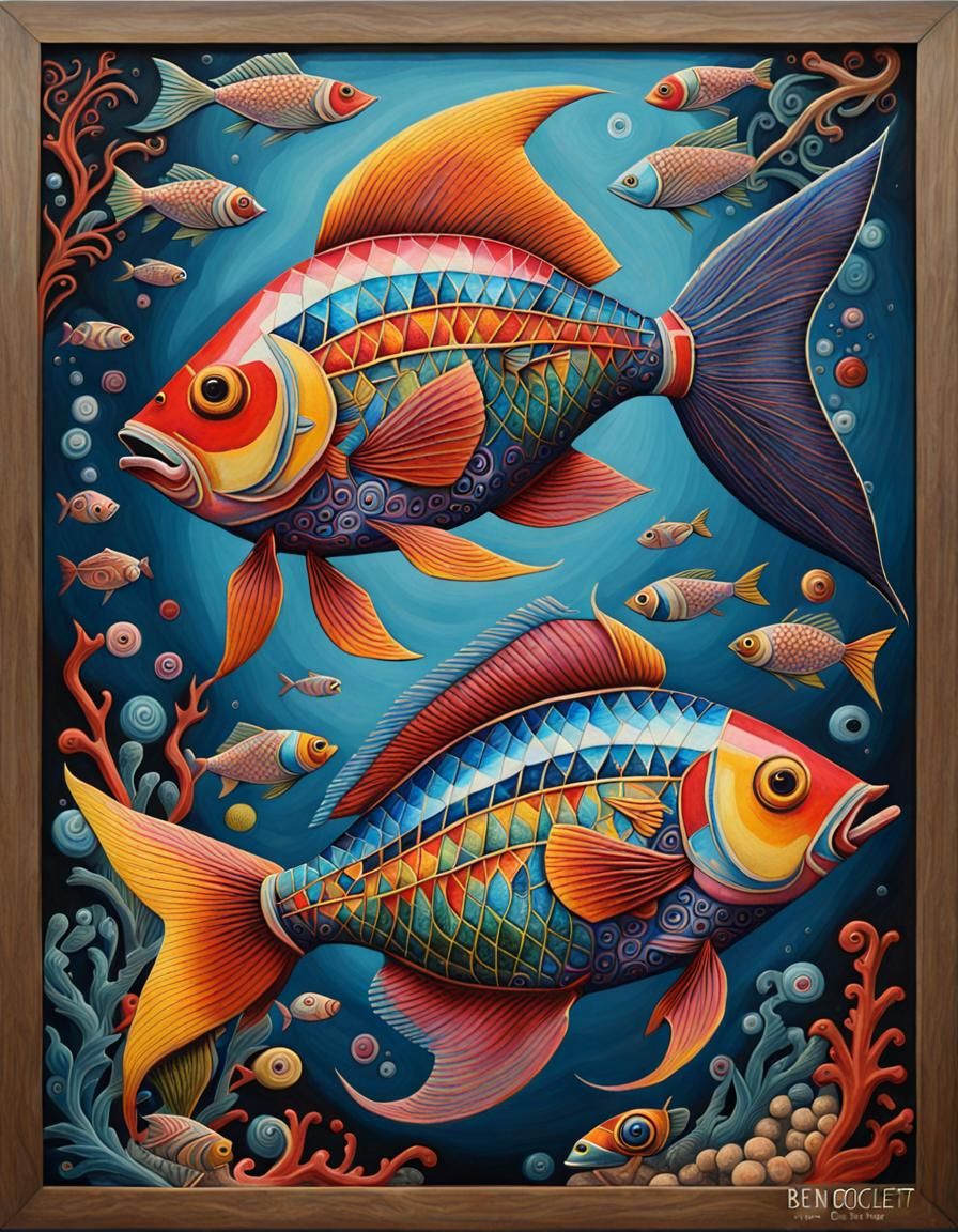 Fabulous Fish fish multicolored fish detailed painting folk art pop art ...
