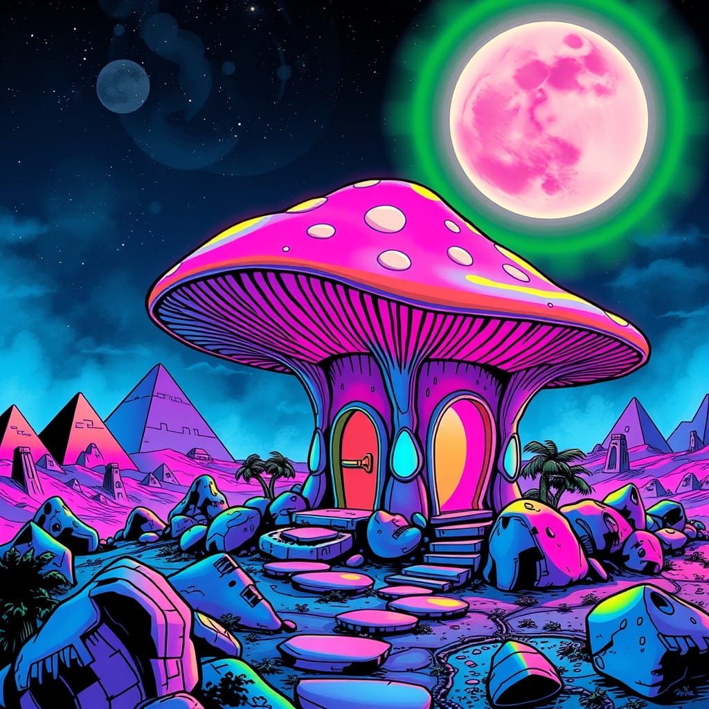 Moebius-Style Mushroom House in Neon Colors Amidst... - AI Art