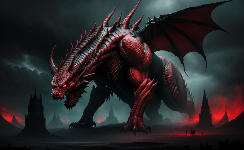 Blood-Red Dragon - Epic Blood-Red Dragon Dark Fantasy Art