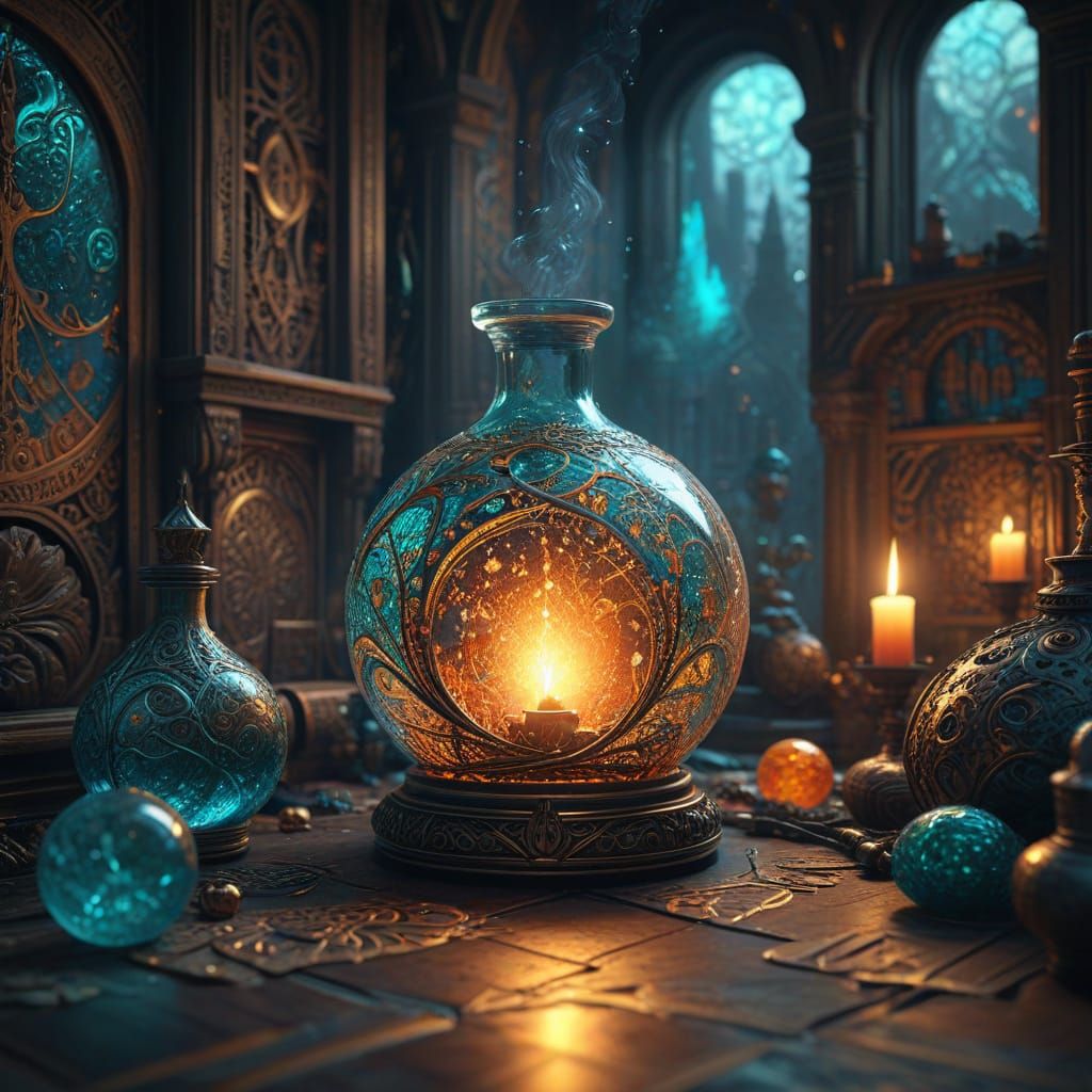 Oil painting Realistic. A mysterious wizard's room with glowing potions ...