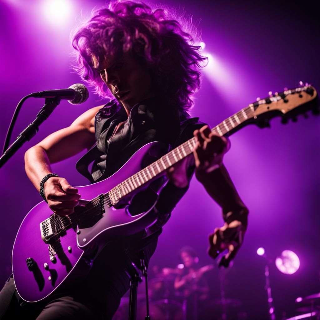 Capture the essence of a rockstar on stage, surrounded by purple-hued ...