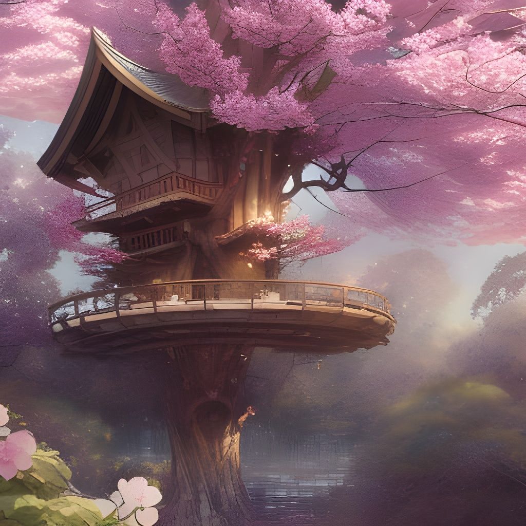 sakura tree house - AI Generated Artwork - NightCafe Creator