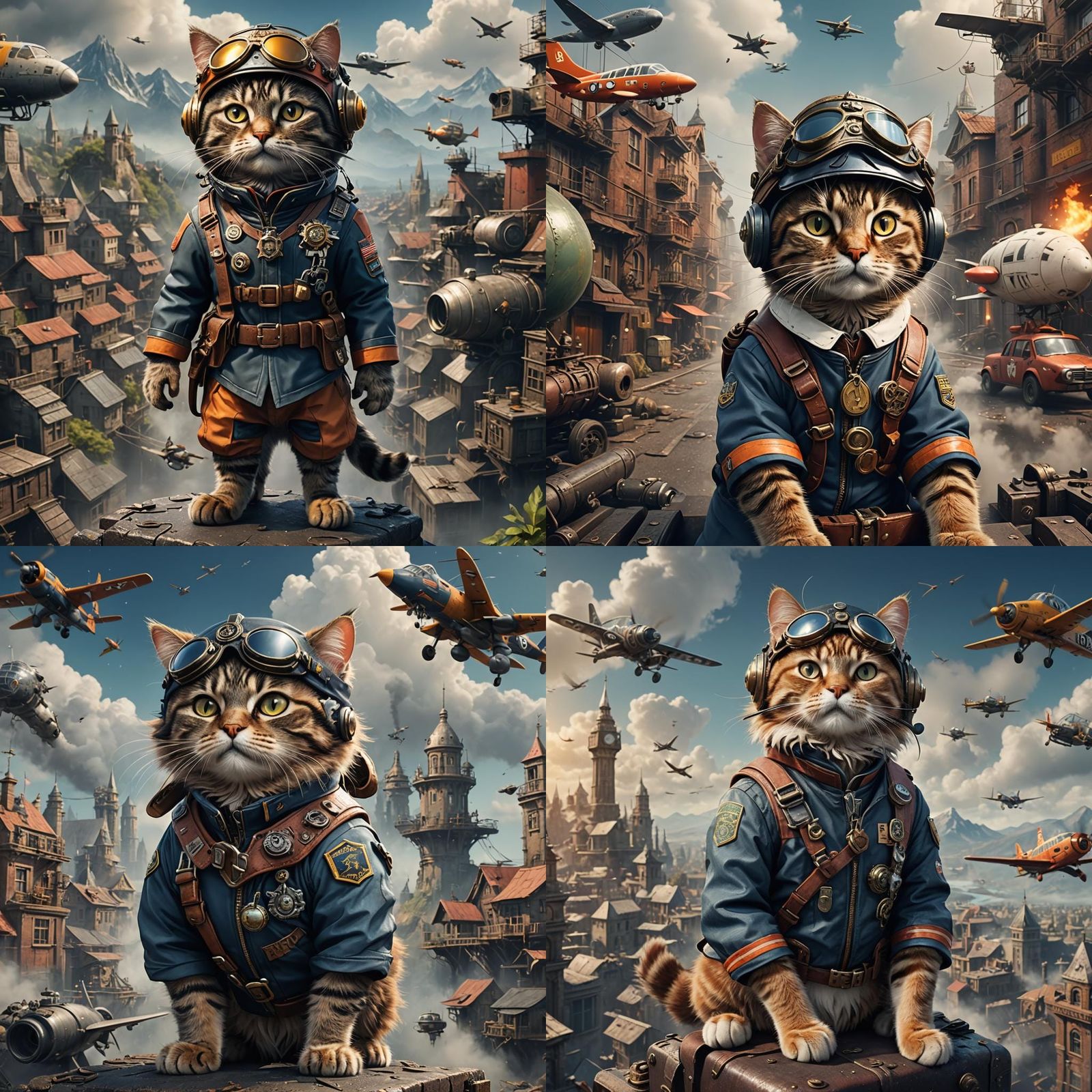 Fighter pilot kitty - Whimsical Aviator Cat in Vibrant Fanta...
