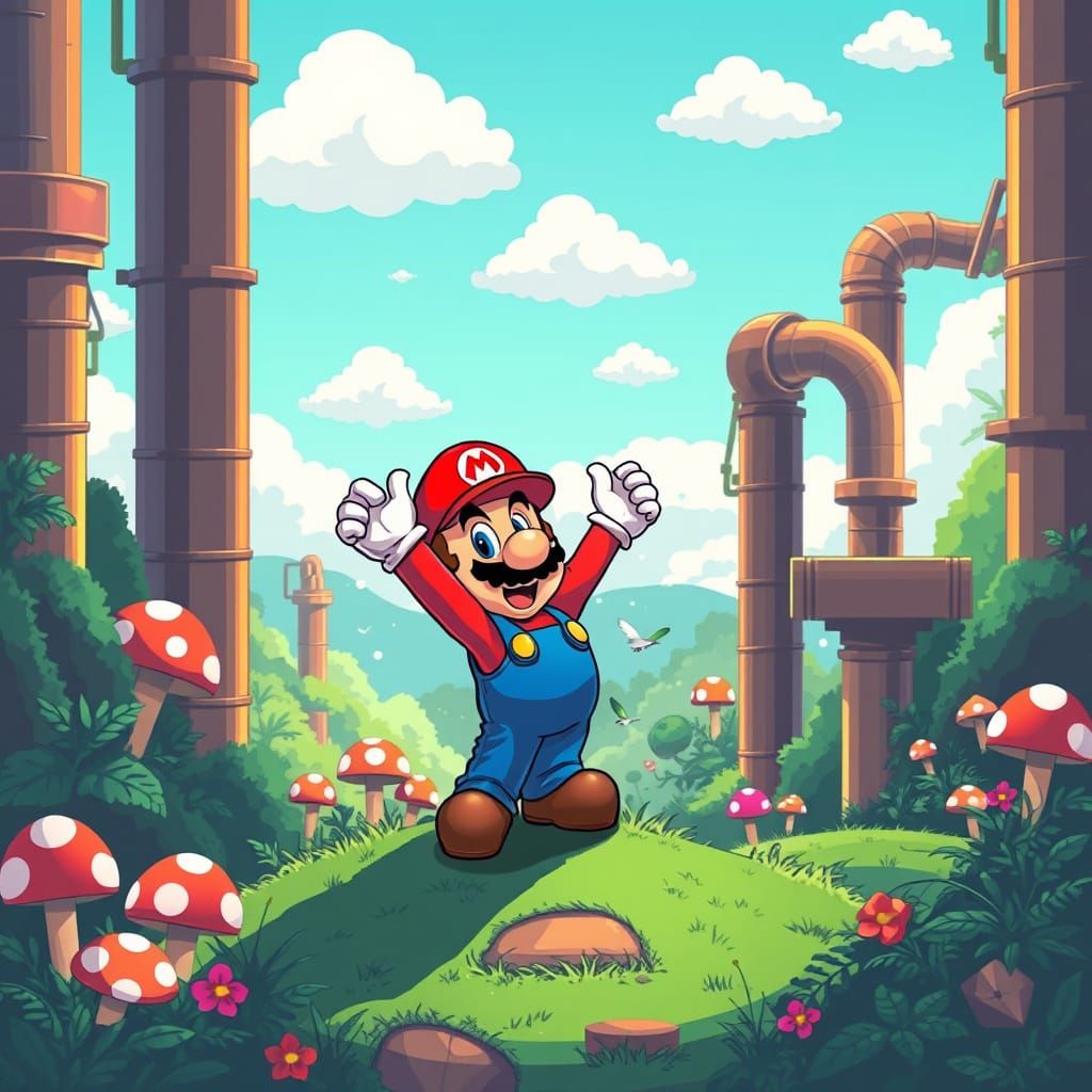 Mario - Vibrant Mario in a Retro-Futuristic Mushroom Landsca...