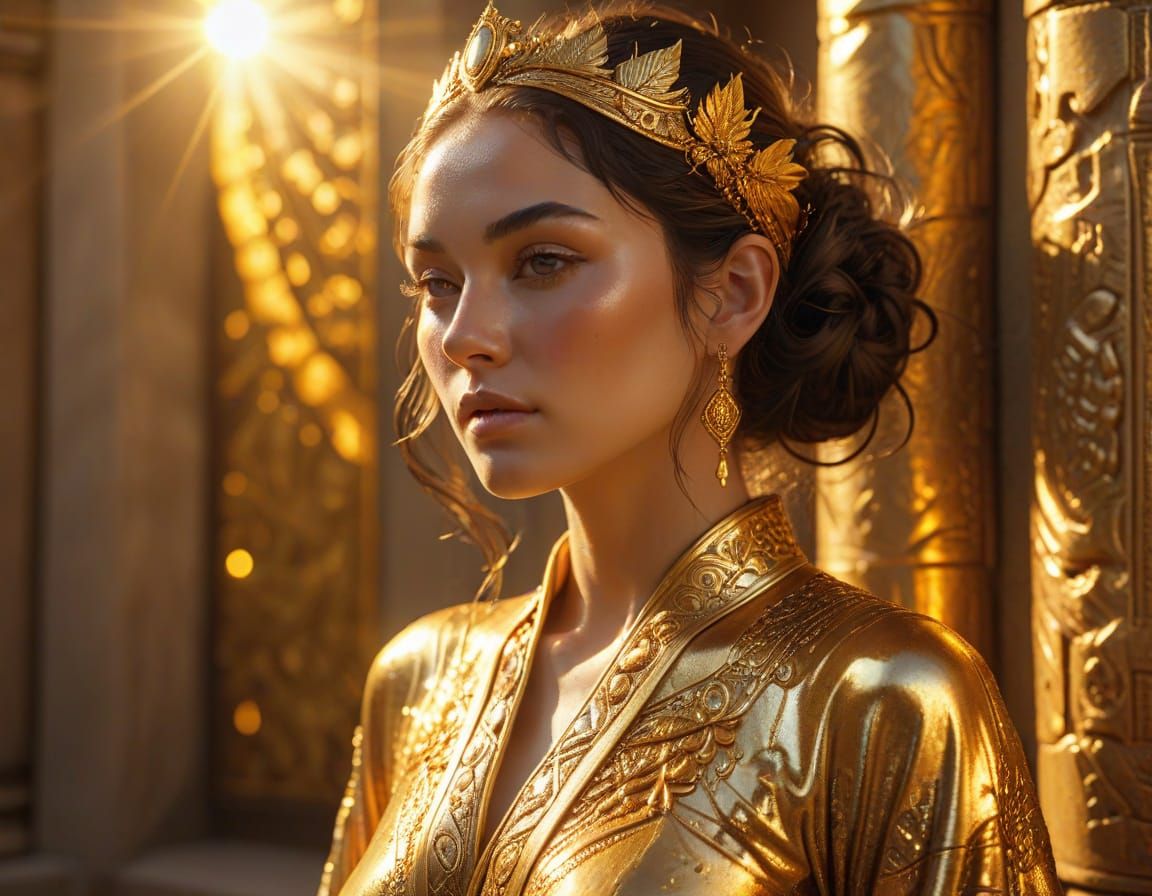 Regal Sun Goddess in Golden Robe - AI Art