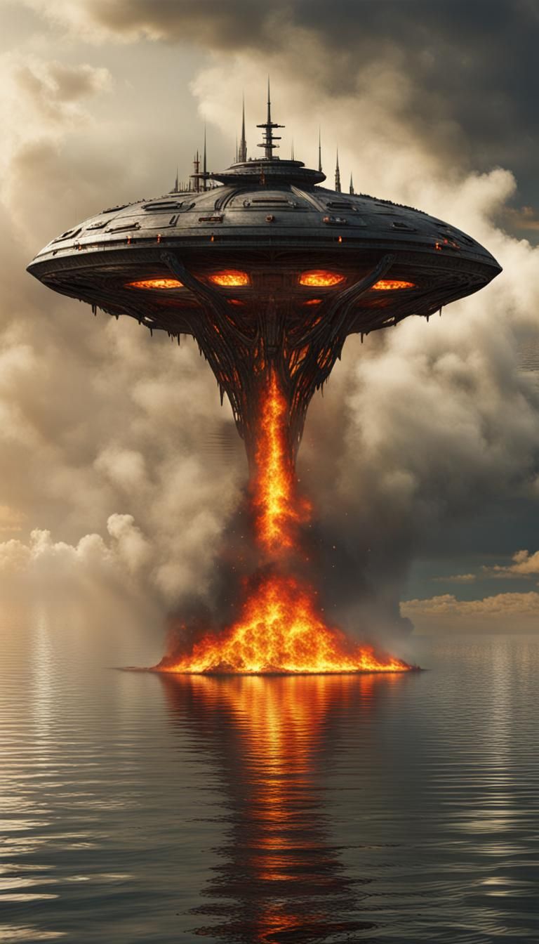 Huge alien ship floating on the water, covered in the flames - AI ...