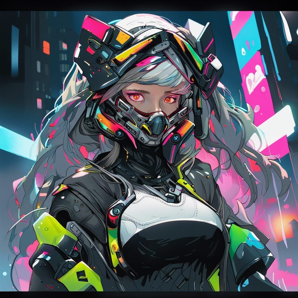 Honkai Cyber Peach - Cyborg Girl Portrait in Neon City Graff...