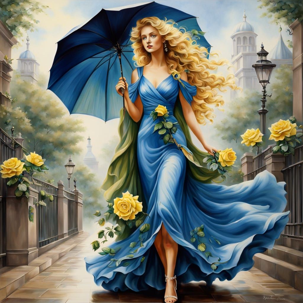 woman with blue dress and umbrella on the catwalk