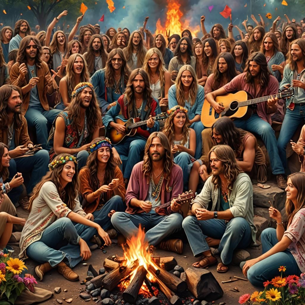 Hippies protesting, peace signs, long hair, flowers in hair, bellbottom ...