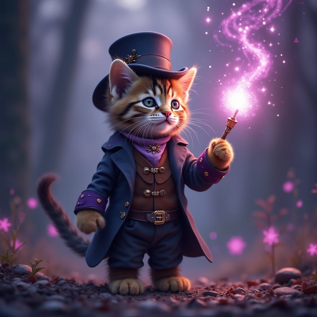 kitten wizard - Steampunk Kitten Wizard in Mystical Glade