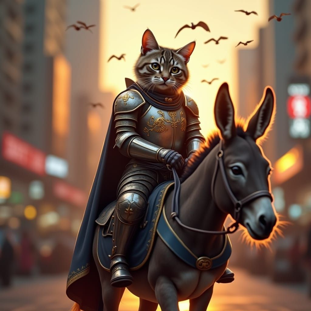 Regal Cat in Knight Armor Rides Donkey Through Sin... - AI Art