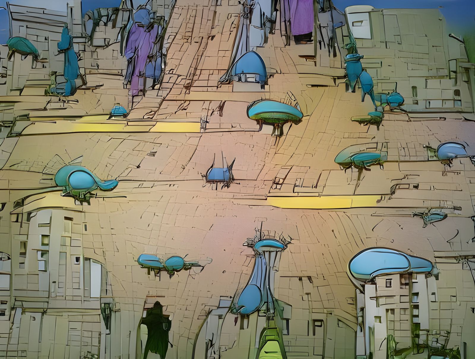 Cartoon city by moebius with aliens walking around in the streets - AI ...
