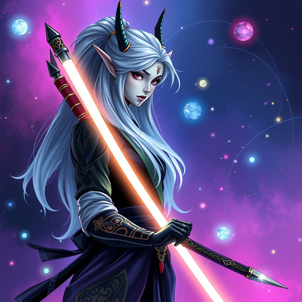 Ethereal Drow Samurai Maiden Amidst Nebulae - AI Art