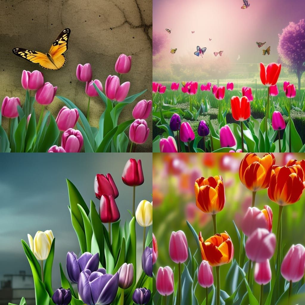 olpntng style, butterflies. blooming gardens with tulips, early spring ...