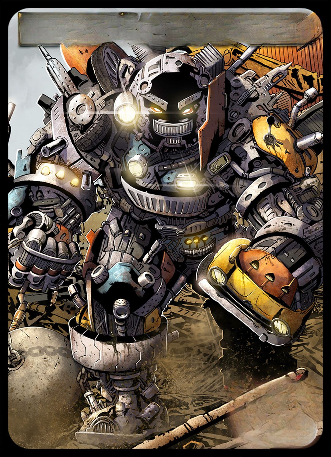 heavily armored and intricate robot, constructed from various ...