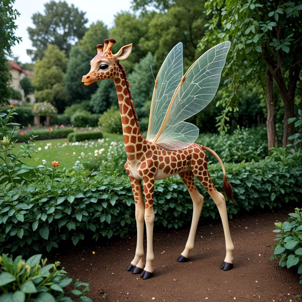 Teeny Tiny Giraffe with wings flies in garden, Iridescent, Ammonite ...