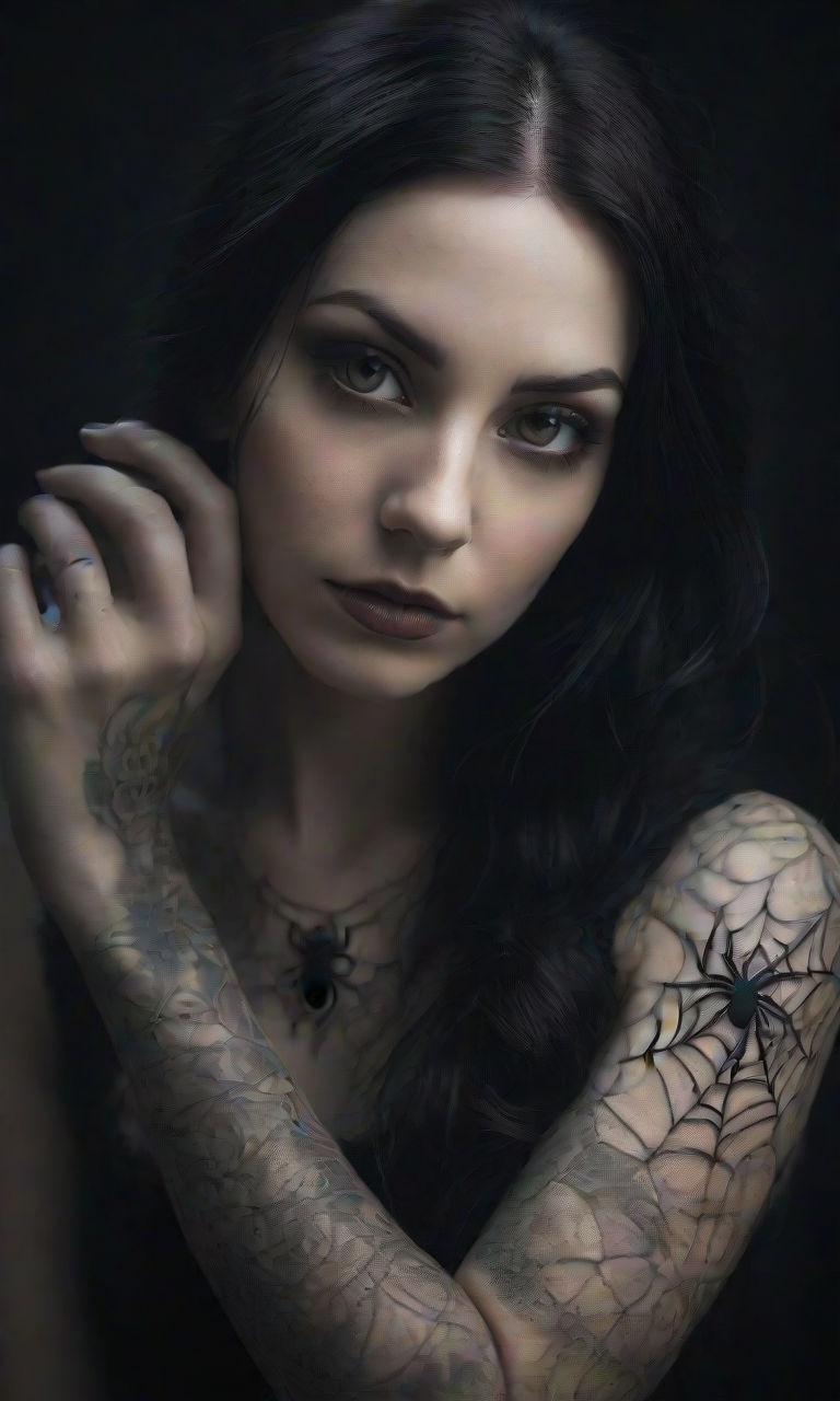 In A Close Up Portrait Titled Spider A Gothic Woman Captivates With Her Dark Hair Framing Her