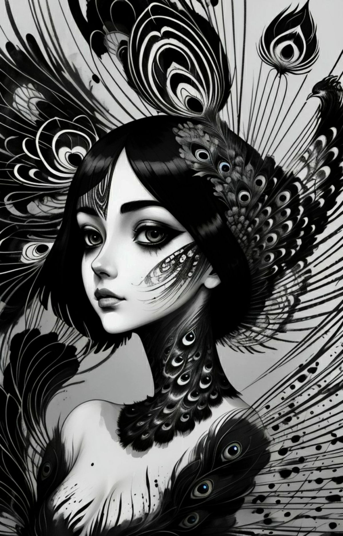 A captivating line drawing of a beautiful mysterious Owl woman, with ...