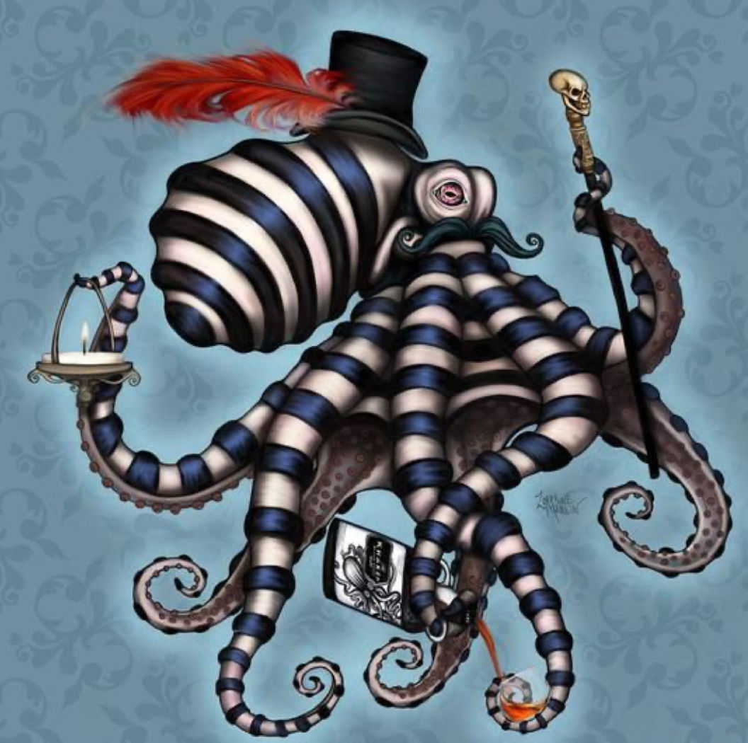 Glassy octopus - Liquid Metal Octopus: Steampunk Cubist Ill...