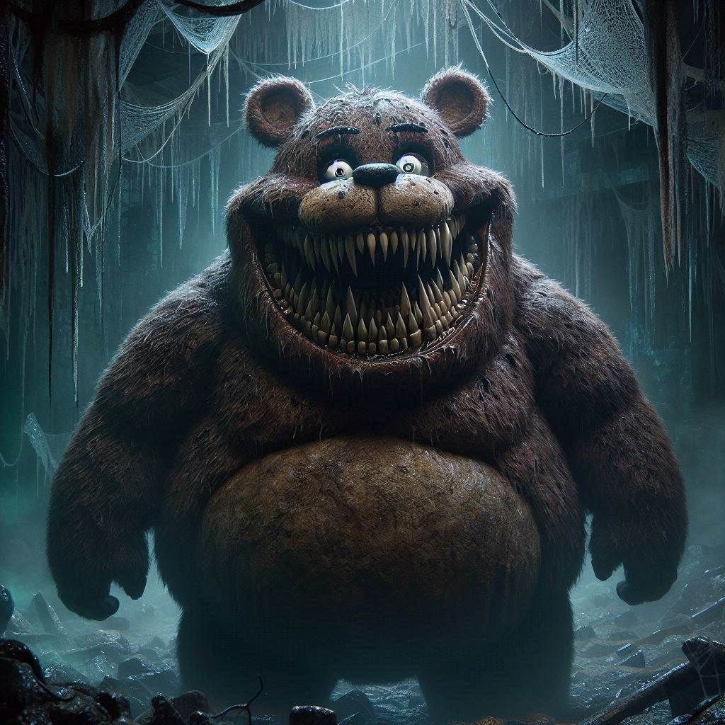 Microphotograph: "Excited obese Kodiak Bear"; sharp teeth smiling ...