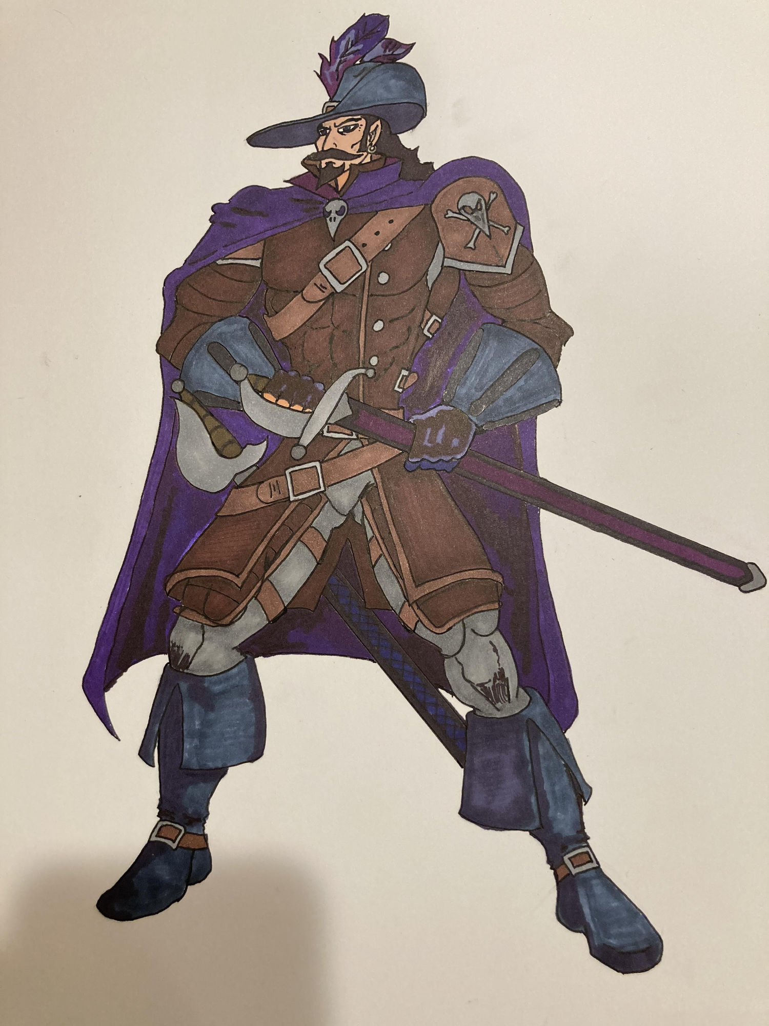 Dashing half-elf pirate with cavalier hat with purple plumes in cap ...