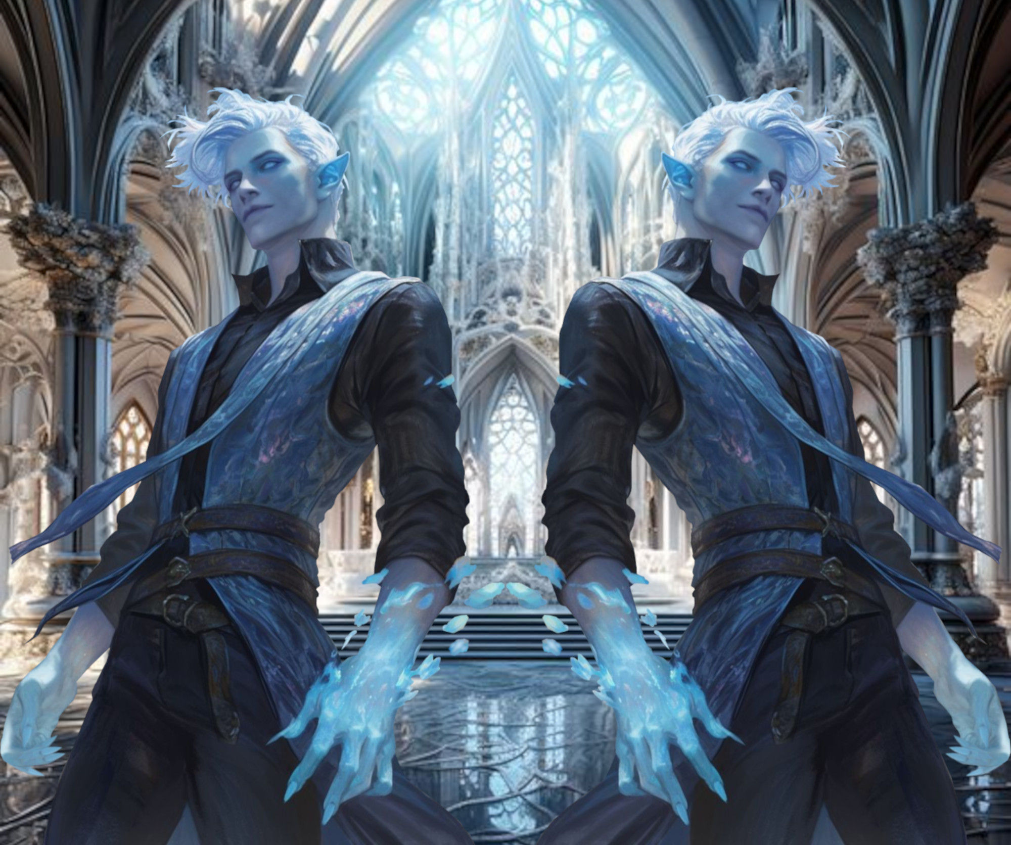 pale elves, tall thin male twins, frost mages, in the grand hall of a ...