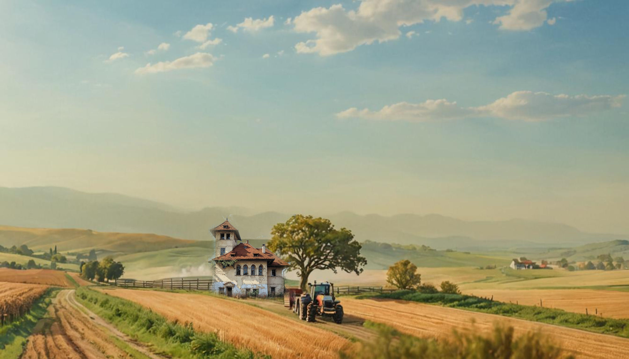 A vast view of agricultural fields, house,tractor, Studio Ghibli, Anime ...