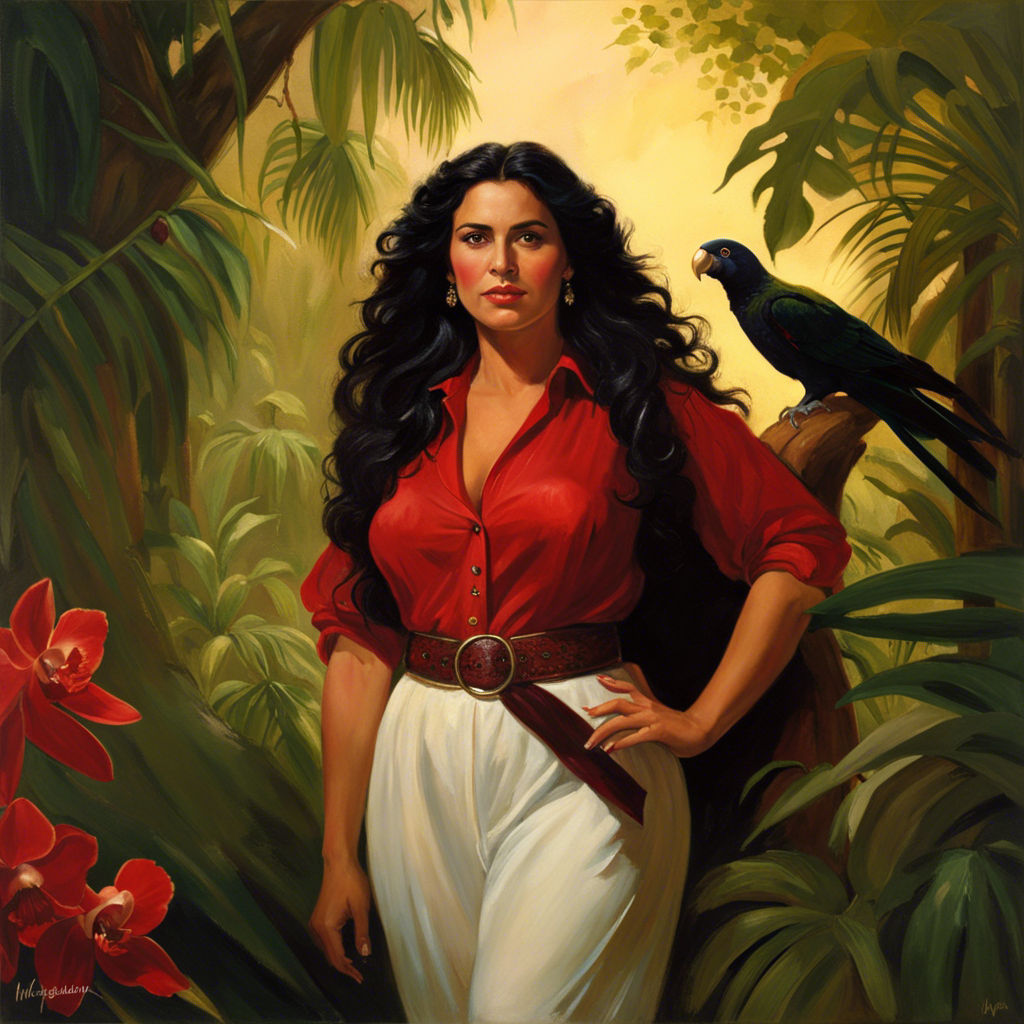 very long extremely curly black hair hanging over forehead, alluring ...