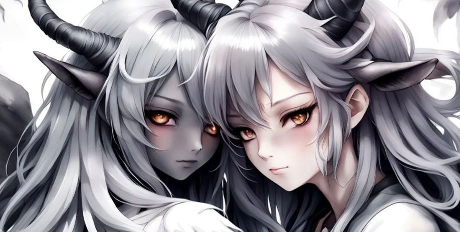 anime, girl x girl, black and white, one angel, one demon, couple ...