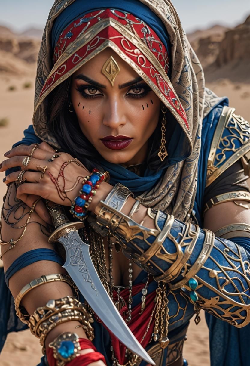 A captivating cinematic still of a stunning, muscular Arabian woman ...