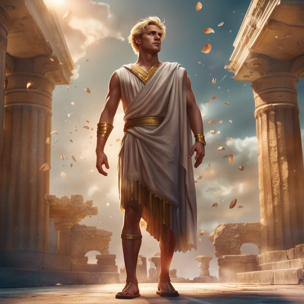 a handsome and masculine young teen god apollo, curly wavy blonde hair ...