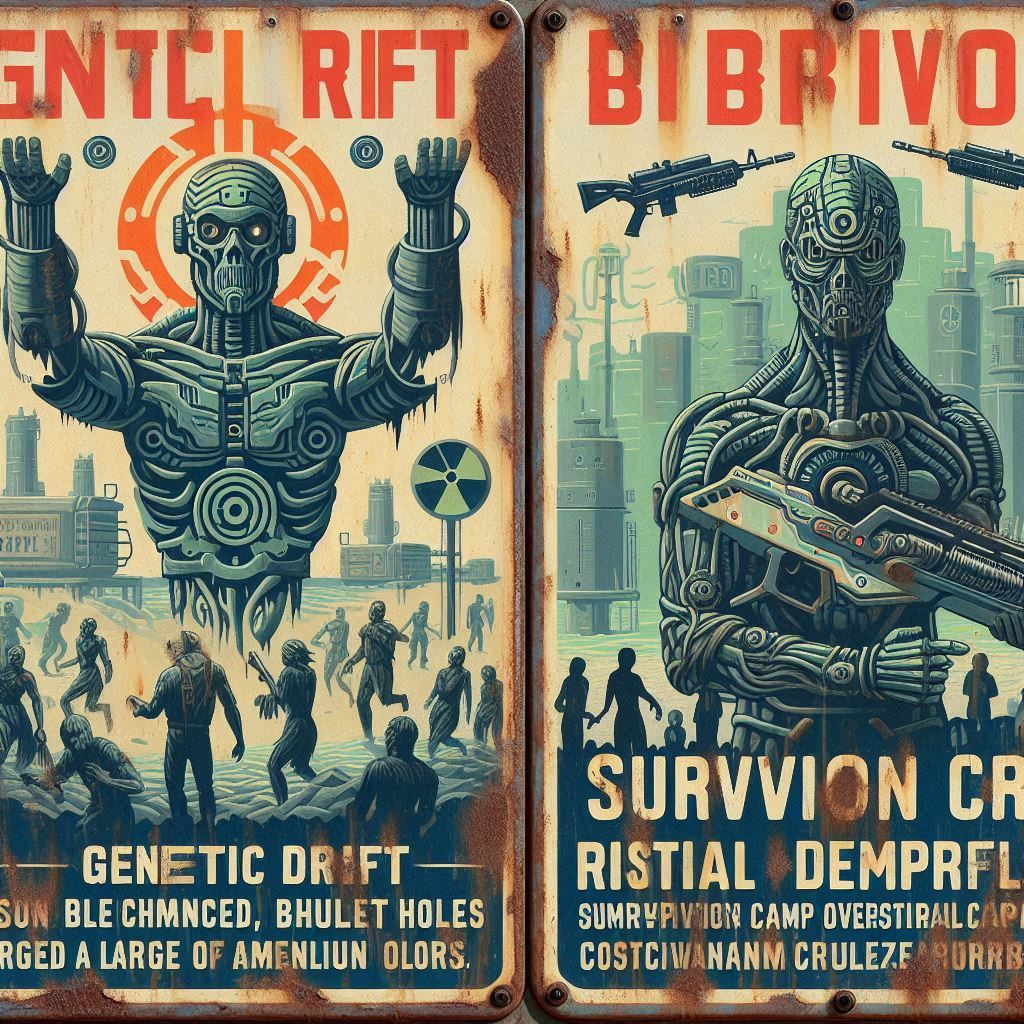 2060s post apocalyptic, enamel sign art, sun bleached, rust, bullet ...