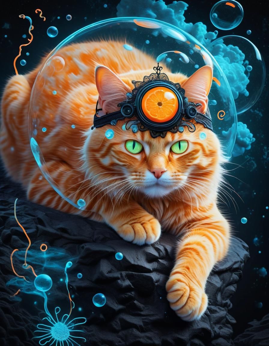 An orange tabby cat with (glowing neon orange eyes:1,5) and one orange ...