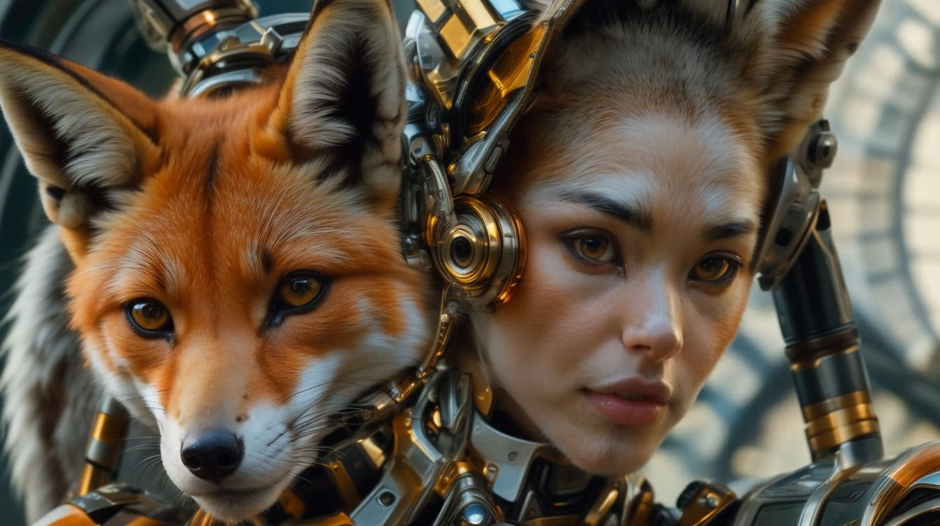 Capture the essence of the cyborg fox goddesses in a close-up portrait with faces directed at ...