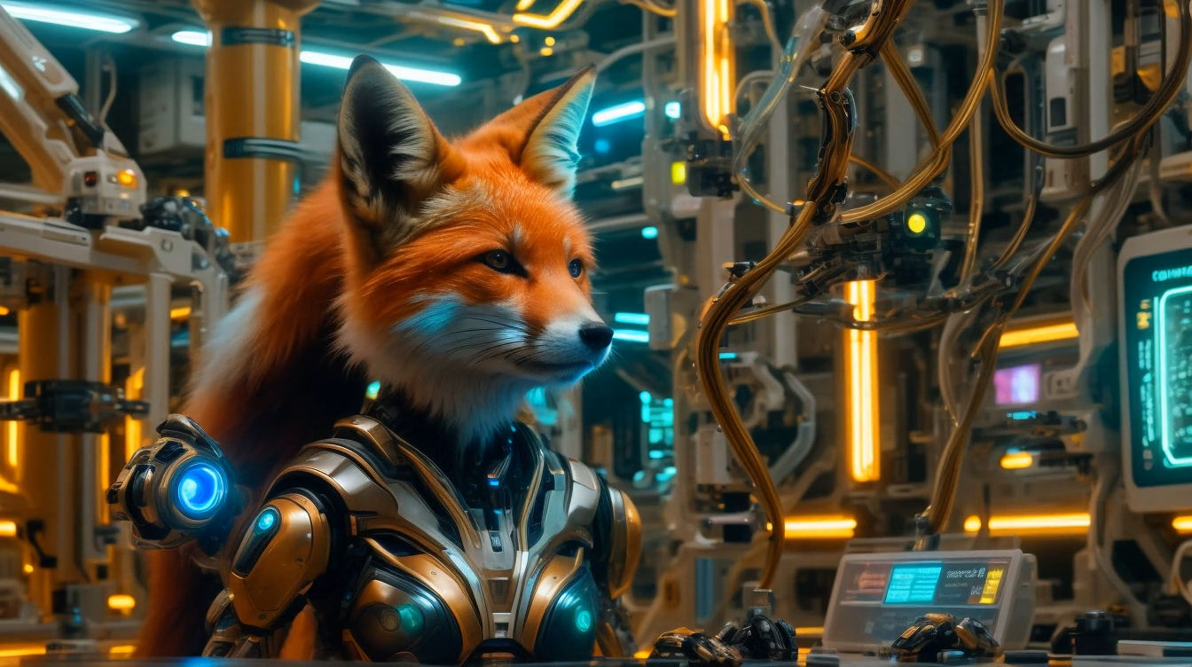 🌟 Witness the fusion of nature and tech as biopunk cyborg fox goddesses ...