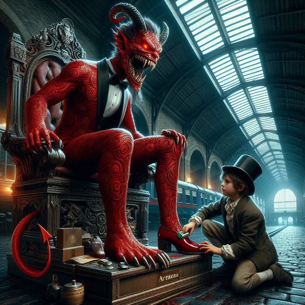 Dark fantasy concept art. Extreme wide shot. A traditional red devil ...