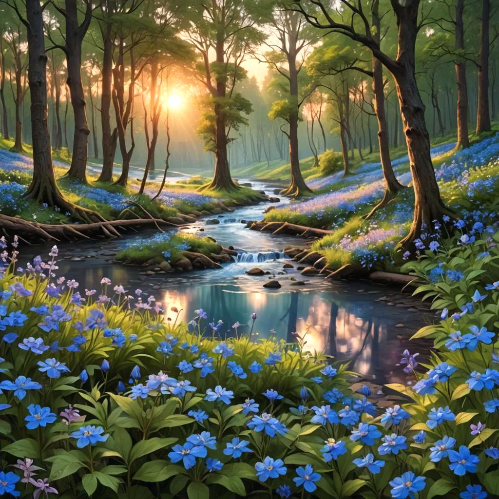Stream in a Forest - Sunlit Forest Stream with Blue Wildflo...