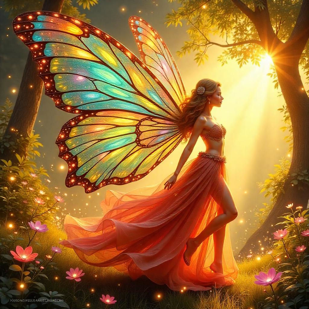 Surreal Fairy in Emerald Forest with Iridescent Wings